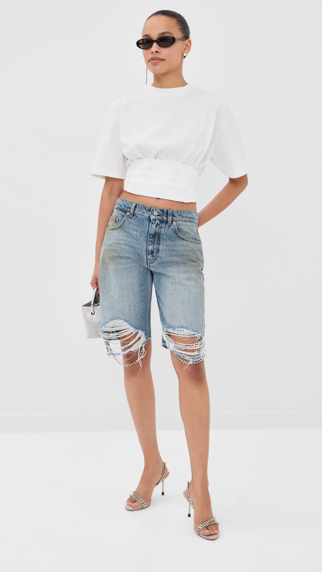 AREA Crystal Fray Denim Shorts